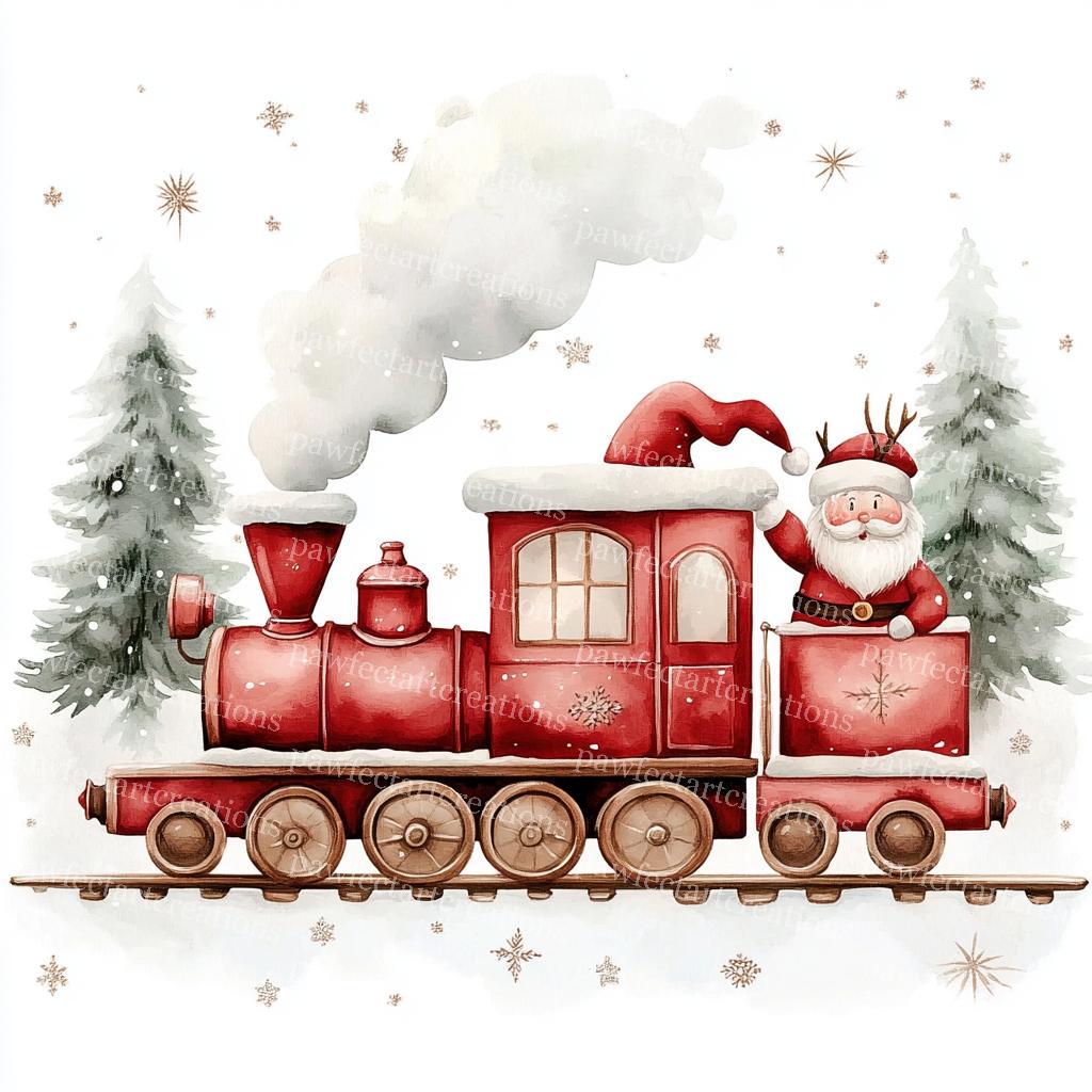 Christmas Train Clipart: Watercolor Cartoon Train Jpgs (digital ...