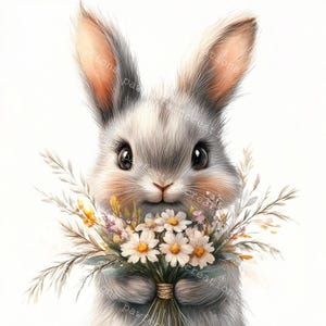 11 Fluffy Rabbits Flowers Bouquet Clipart, Floral Rabbit, Bunny Nursery ...