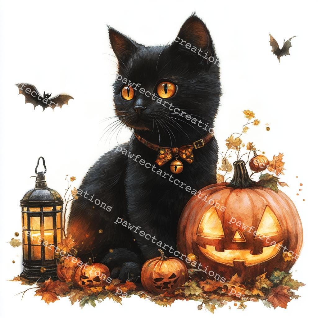 10 Halloween Black Cat Clipart, Cute Cat, Halloween Pumpkin, Printable ...