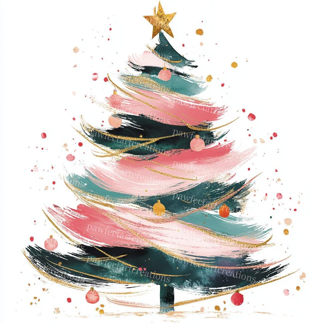 12 Watercolor Christmas Tree Clipart: Pink Bow, Colorful Jpgs (digital ...