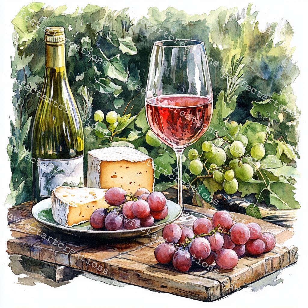 12 Wine and Cheese Clipart, Wine Glass Clipart, Printable Watercolor ...