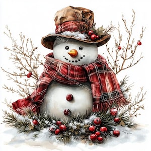 10 Vintage Christmas Snowman Clipart: Retro Watercolor Jpgs (digital ...