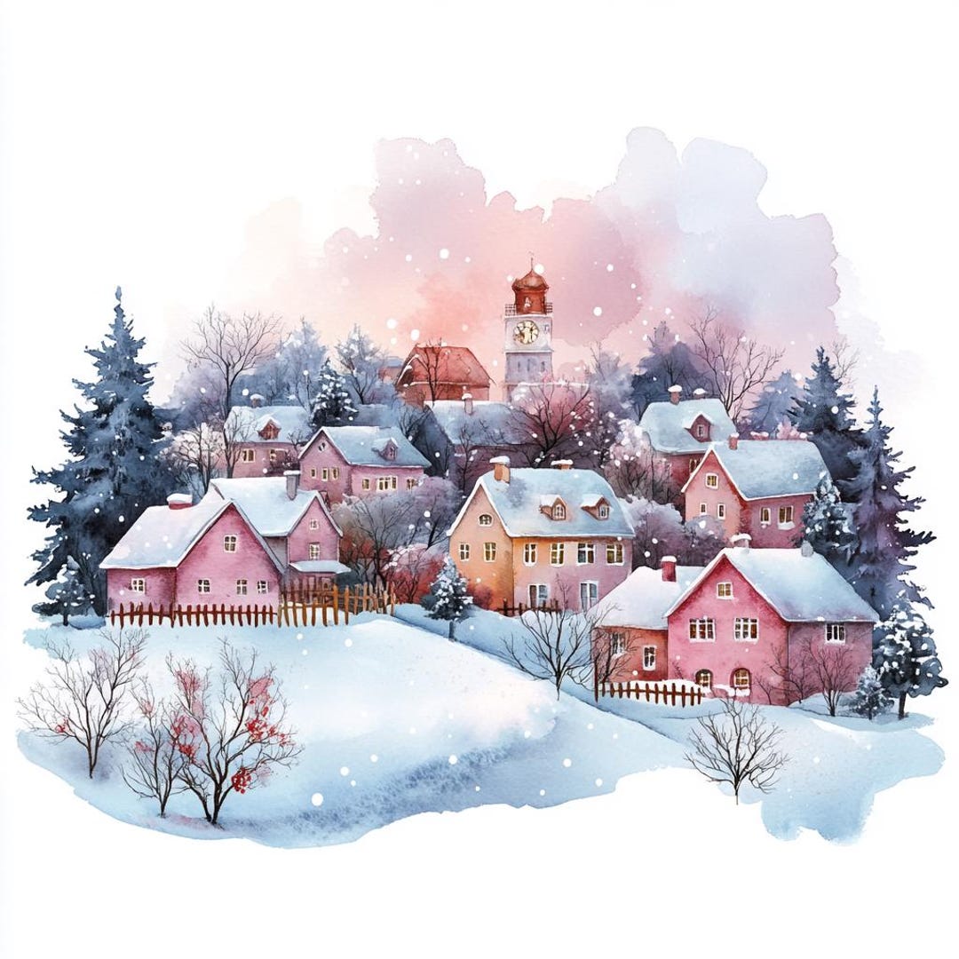 Christmas Village Clipart: Watercolor Winter Houses (JPG Digital ...