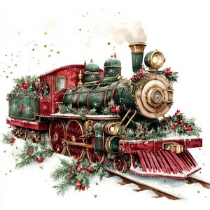 Vintage Christmas Train Clipart: Watercolor Locomotive Art (digital ...