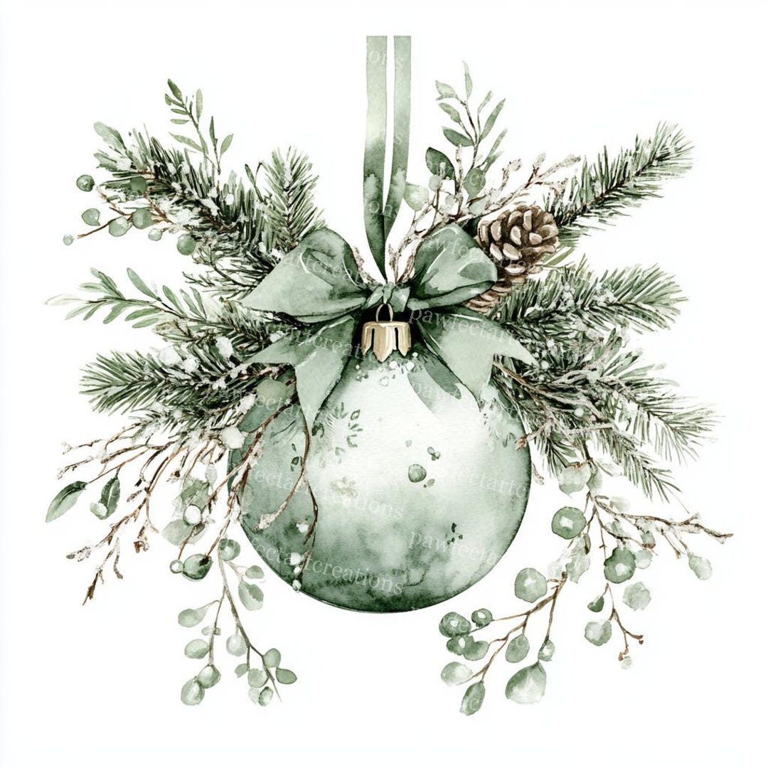 12 Green Christmas Bauble Clipart: Watercolor Holiday Ornament (digital ...