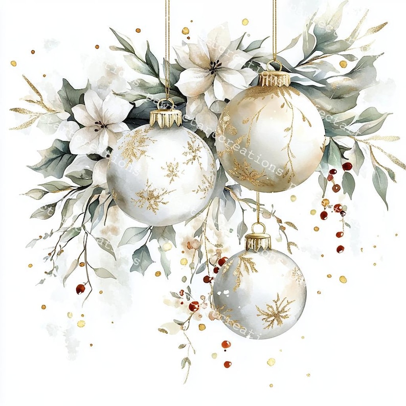 15 Elegant Christmas Baubles Clipart, Christmas Card,white Gold Xmas ...