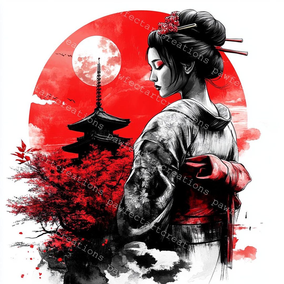 12 Geisha and Moon Clipart, Detailed Geisha Print, Printable Watercolor ...