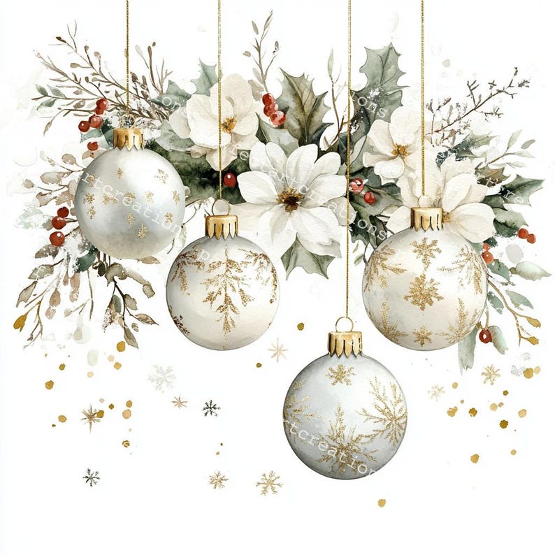 15 Elegant Christmas Baubles Clipart, Christmas Card,white Gold Xmas ...