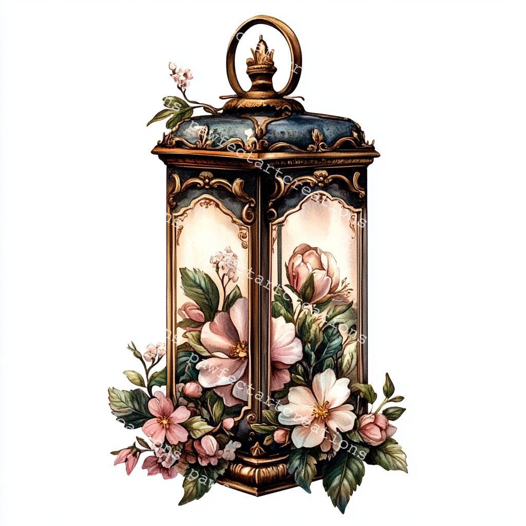 15 Antique Cottagecore Lantern Clipart: Watercolor Floral Design ...