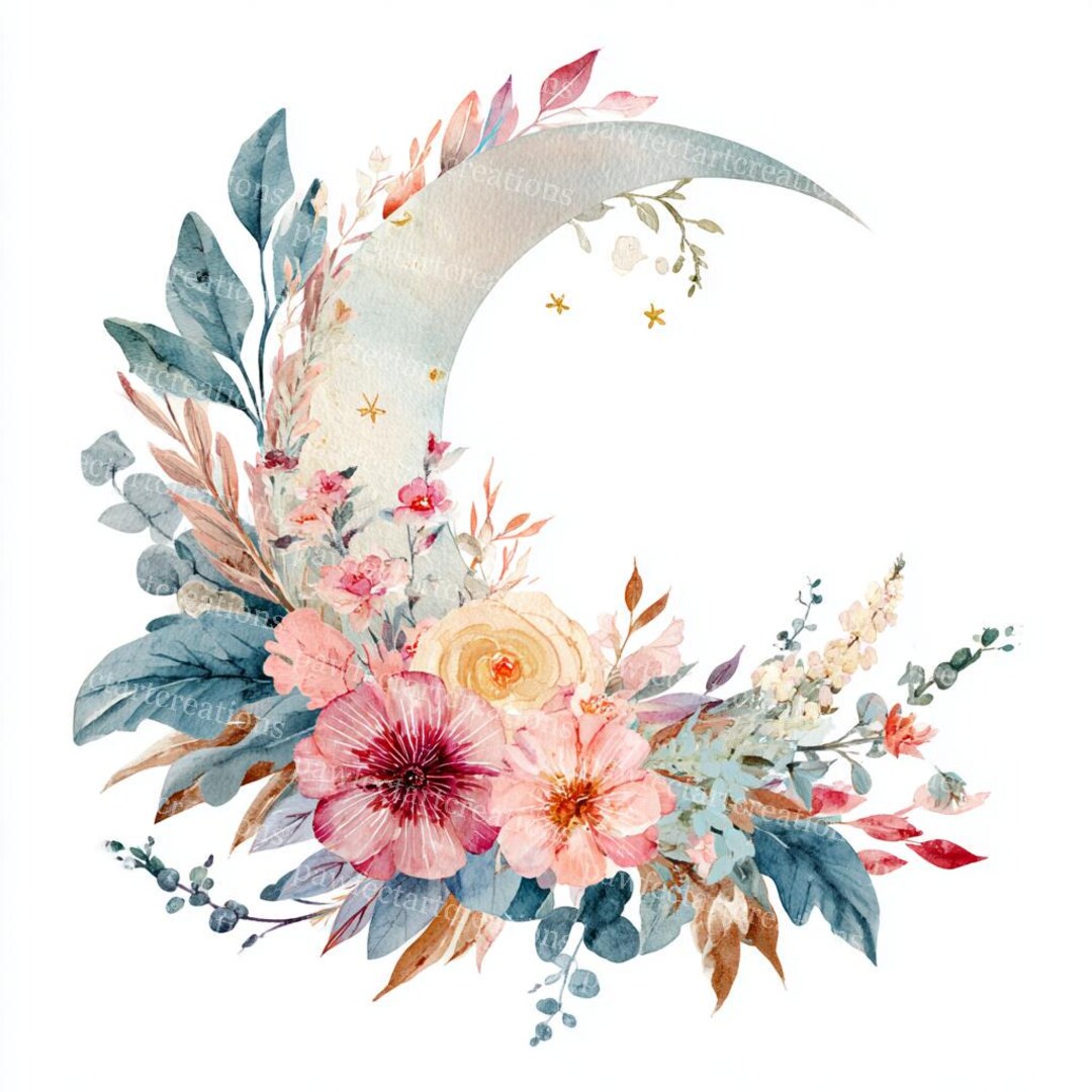 23 Boho Floral Moon Clipart, Moon Crescent,moon Wall Art, Printable ...