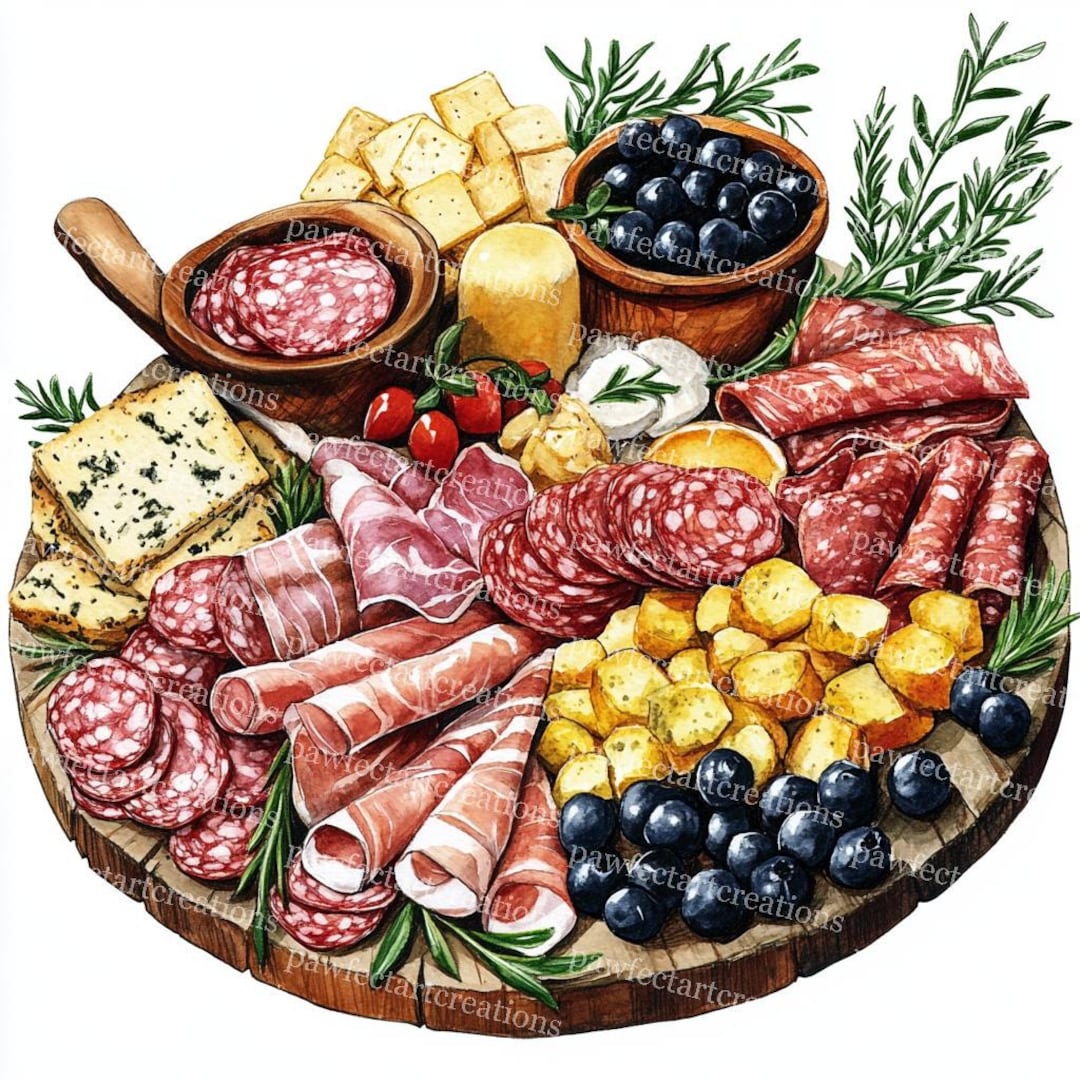 Charcuterie Board Clipart: Festive Food Watercolor Jpgs (digital ...