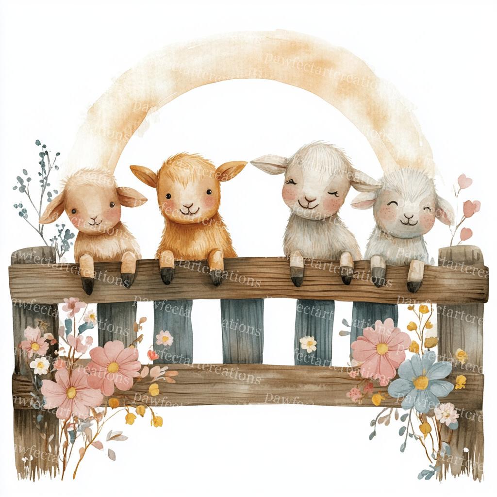 10 Cute Goats on Fence Clipart, Floral Goat, Baby Goat, Printable ...
