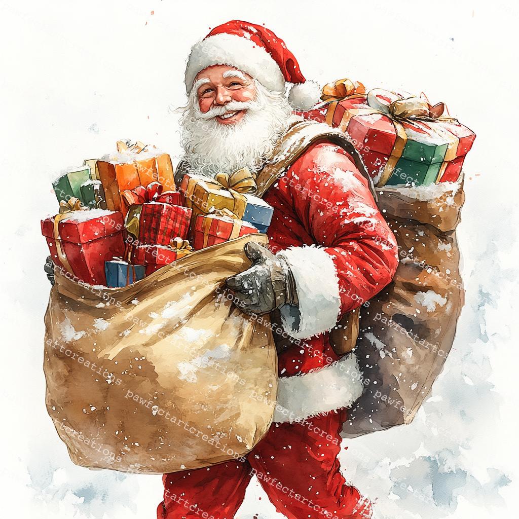 Santa With Presents Clipart: Christmas Watercolor Graphics (digital ...