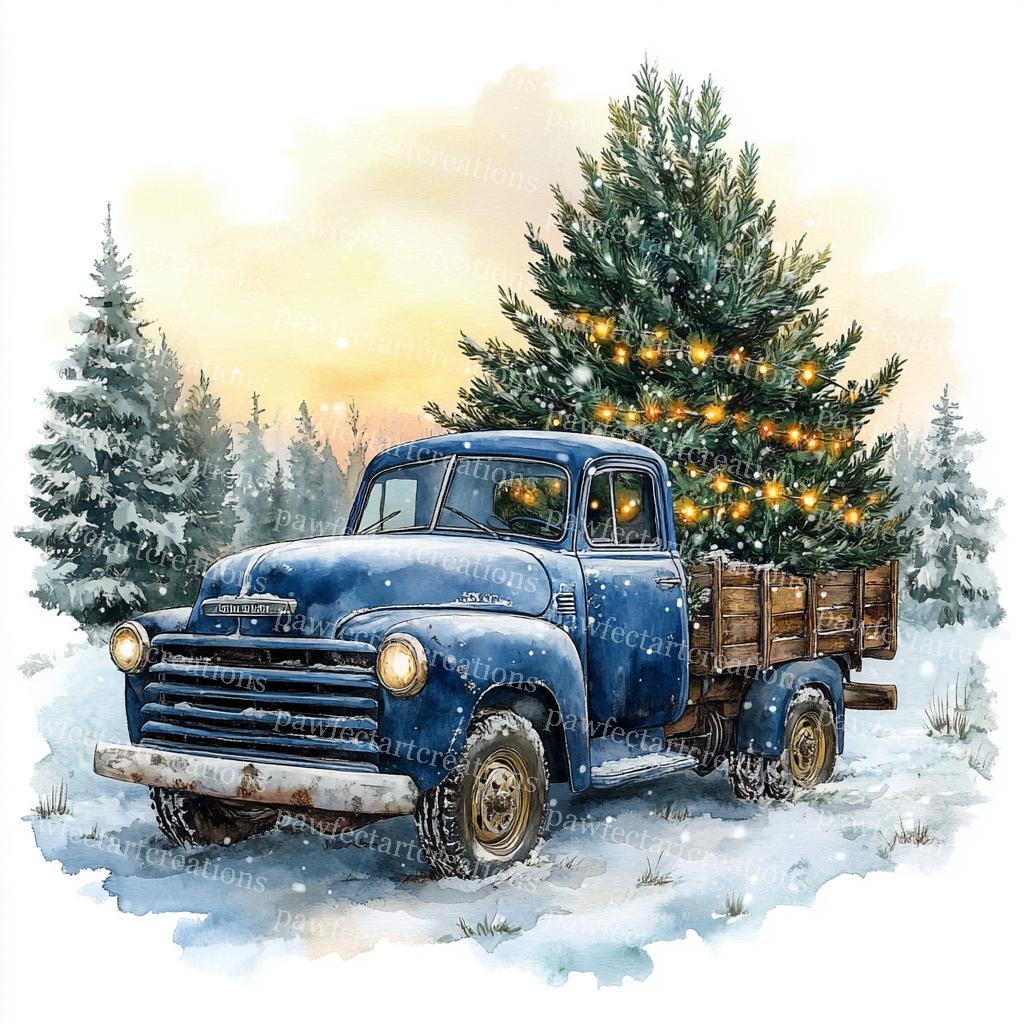 10 Christmas Truck Clipart: Watercolor Holiday Tree Art (digital ...