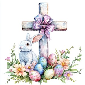 Easter Cross Bunny Clipart: Watercolor Floral Jpgs (digital Download ...