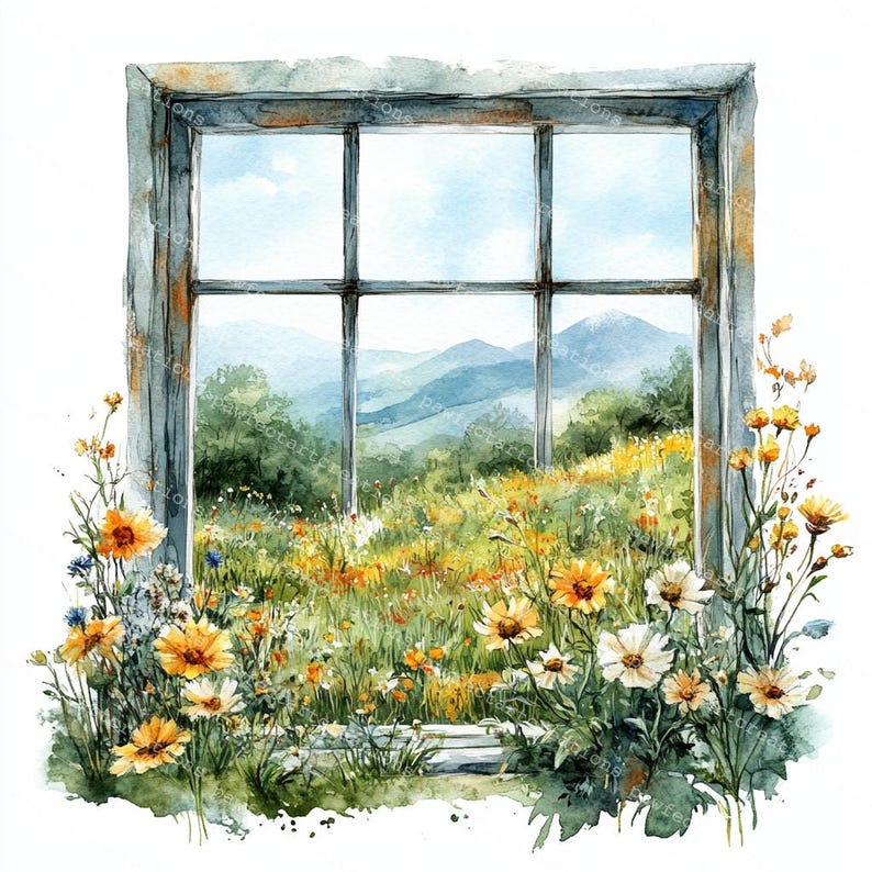Flower Meadow View Through Window: Watercolor Art Print (digital ...