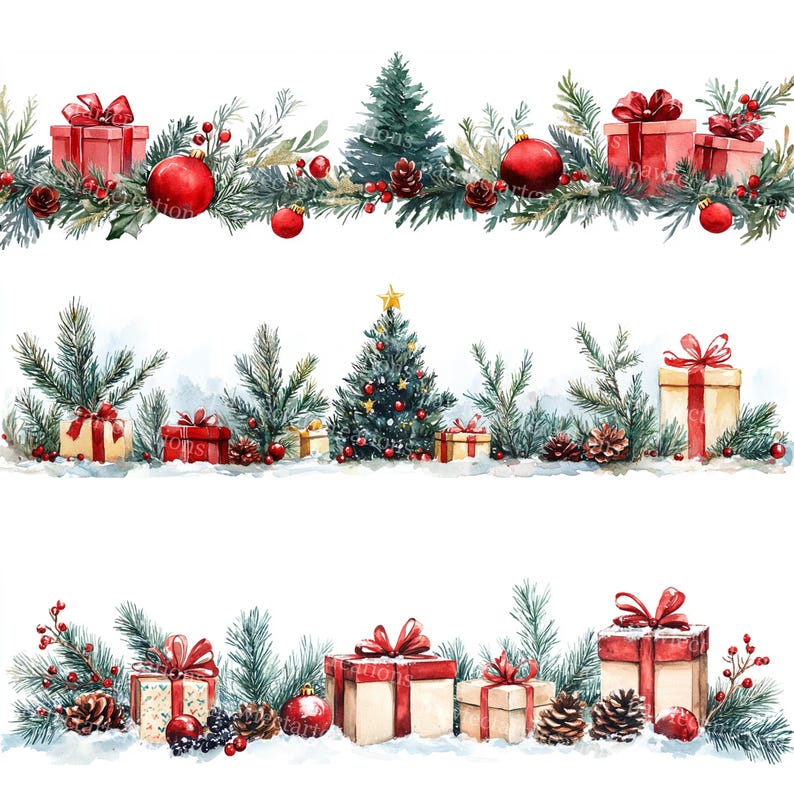 Christmas Garland Borders Clipart: Watercolor Card Design (digital ...