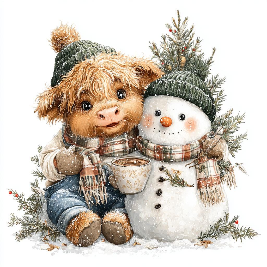 18 Cute Highland Cow With Snowman Clipart, Hot Cocoa Design, Cozy ...