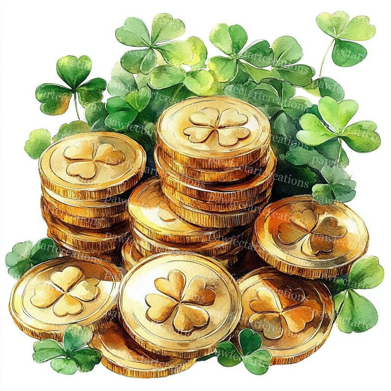 Clover Gold Coin Clipart: Lucky Charm Watercolor Graphics (digital ...