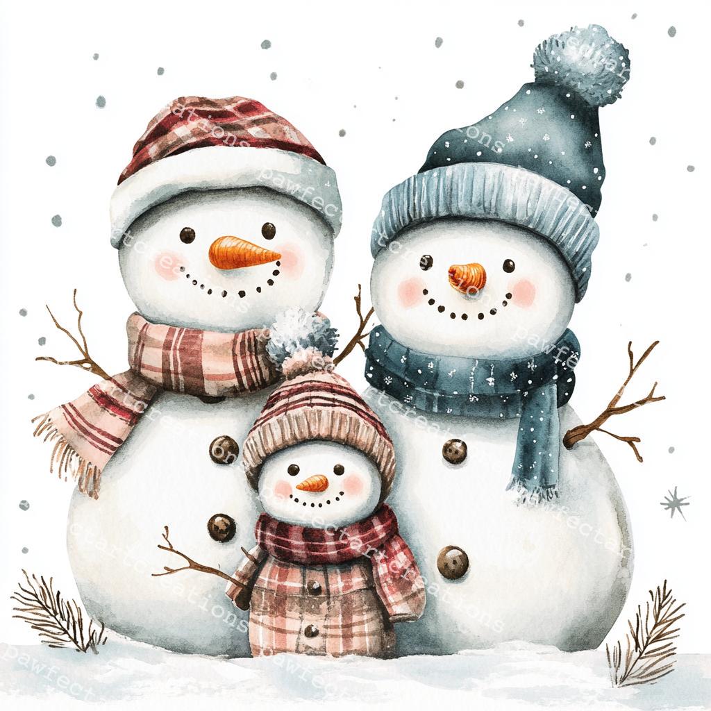 Snowman Family Watercolor Clipart: Christmas Papercraft (digital ...