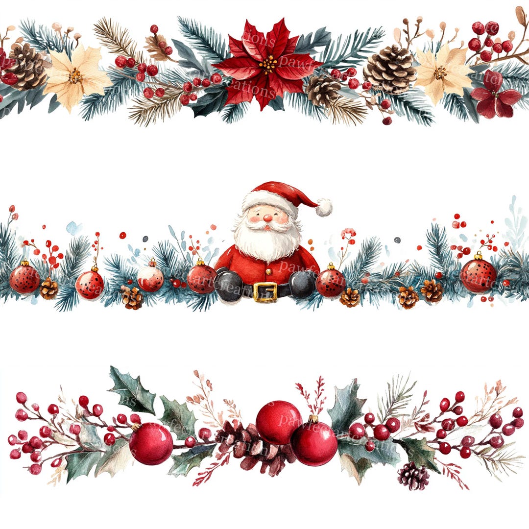 Christmas Garland Borders Clipart: Watercolor Card Design (digital ...