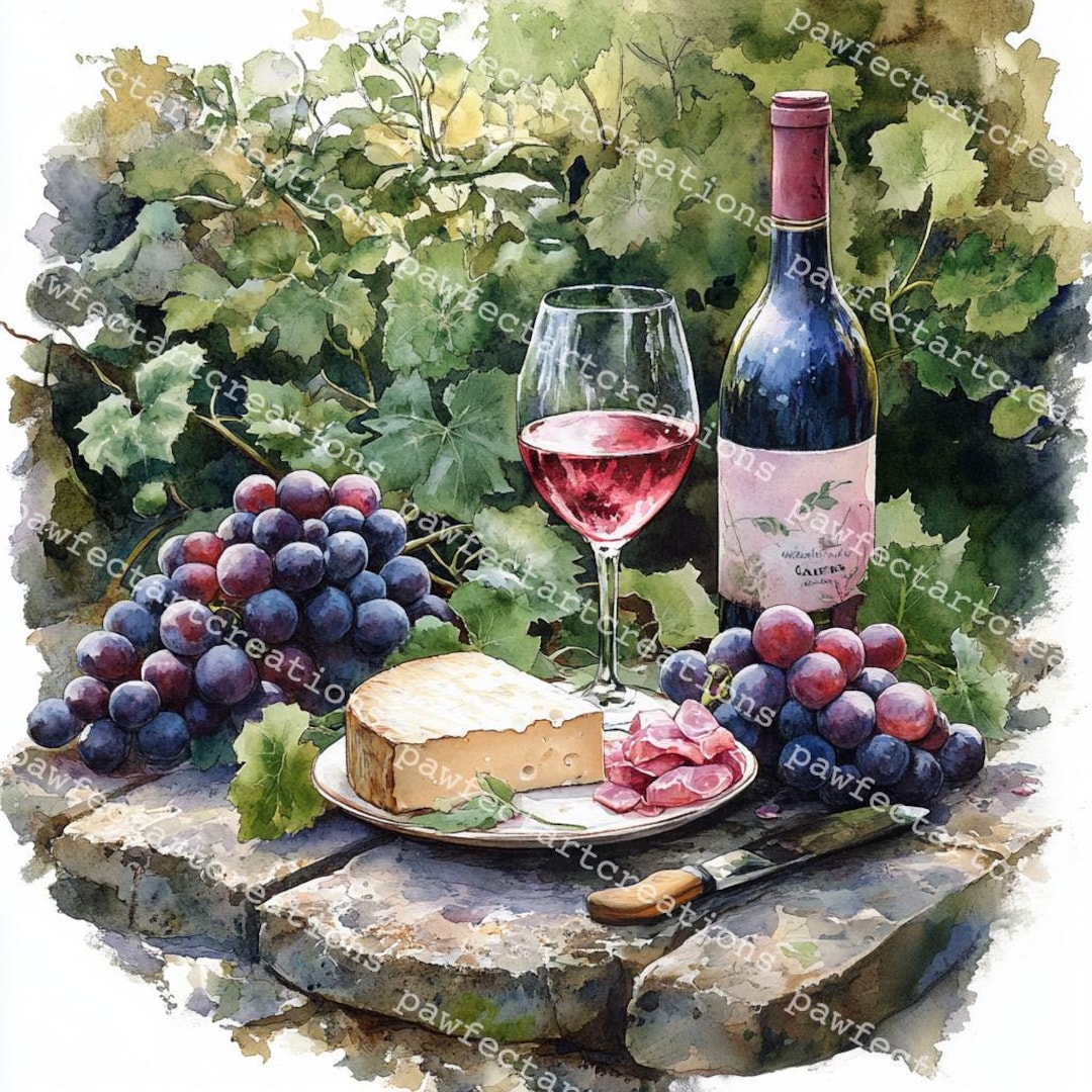 12 Wine and Cheese Clipart, Wine Glass Clipart, Printable Watercolor ...