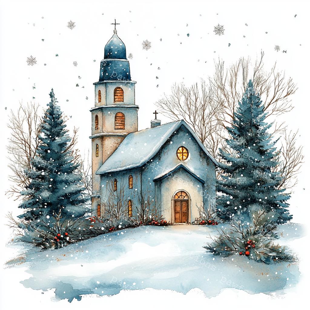10 Christmas Church Clipart: Watercolor Winter Chapel (digital Download ...