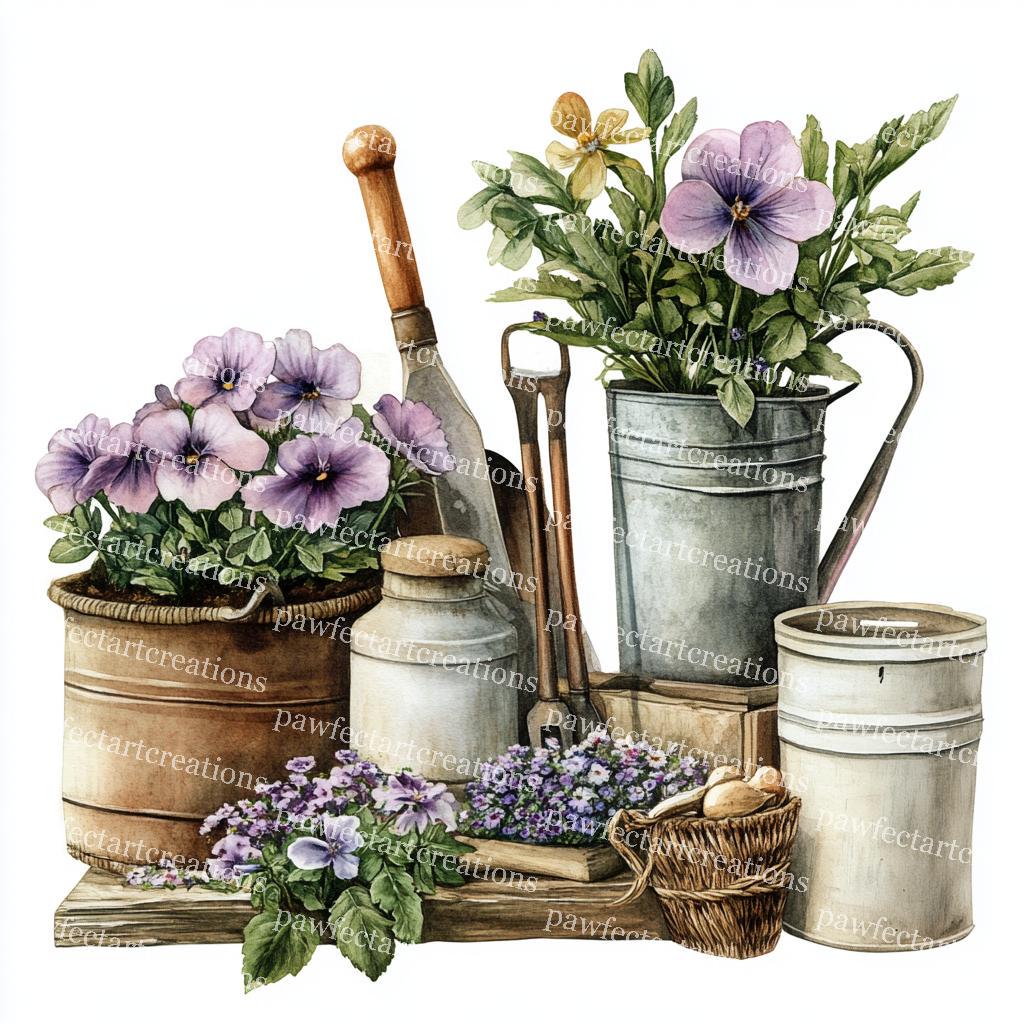Vintage Gardening Tools Watercolor Clipart: Spring Garden Art (digital ...