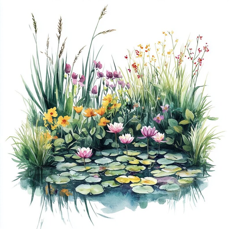 Floral Garden Pond Watercolor Clipart: High-resolution Jpgs (digital ...