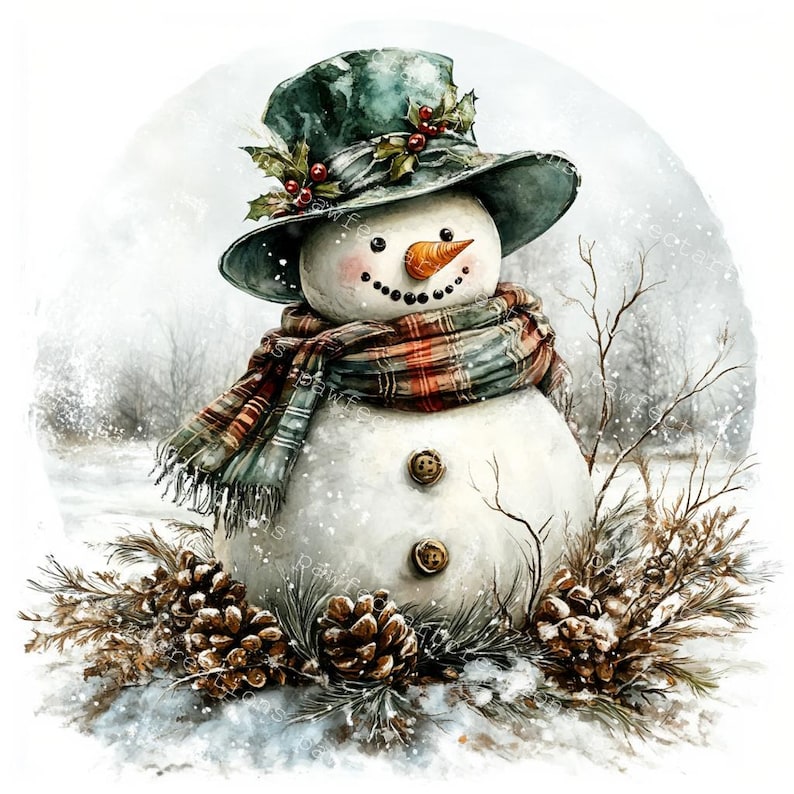 10 Vintage Christmas Snowman Clipart: Retro Watercolor Jpgs (digital ...