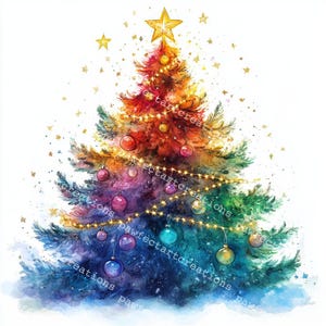 12 Rainbow Christmas Tree Clipart, Christmas Card, Printable Watercolor ...