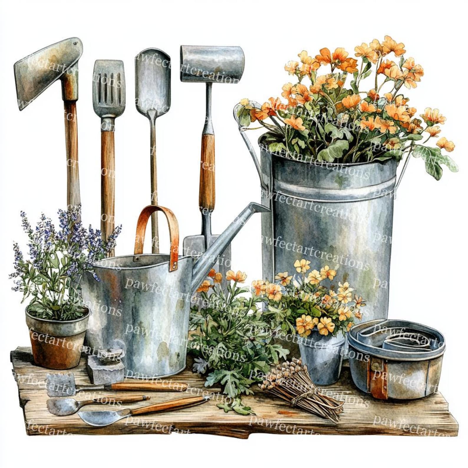 Vintage Gardening Tools Watercolor Clipart: Spring Garden Art (digital ...
