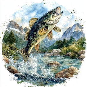 12 Jumping Bass Clipart, Fish Clipart, Smallmouth Bass Fish, Printable ...