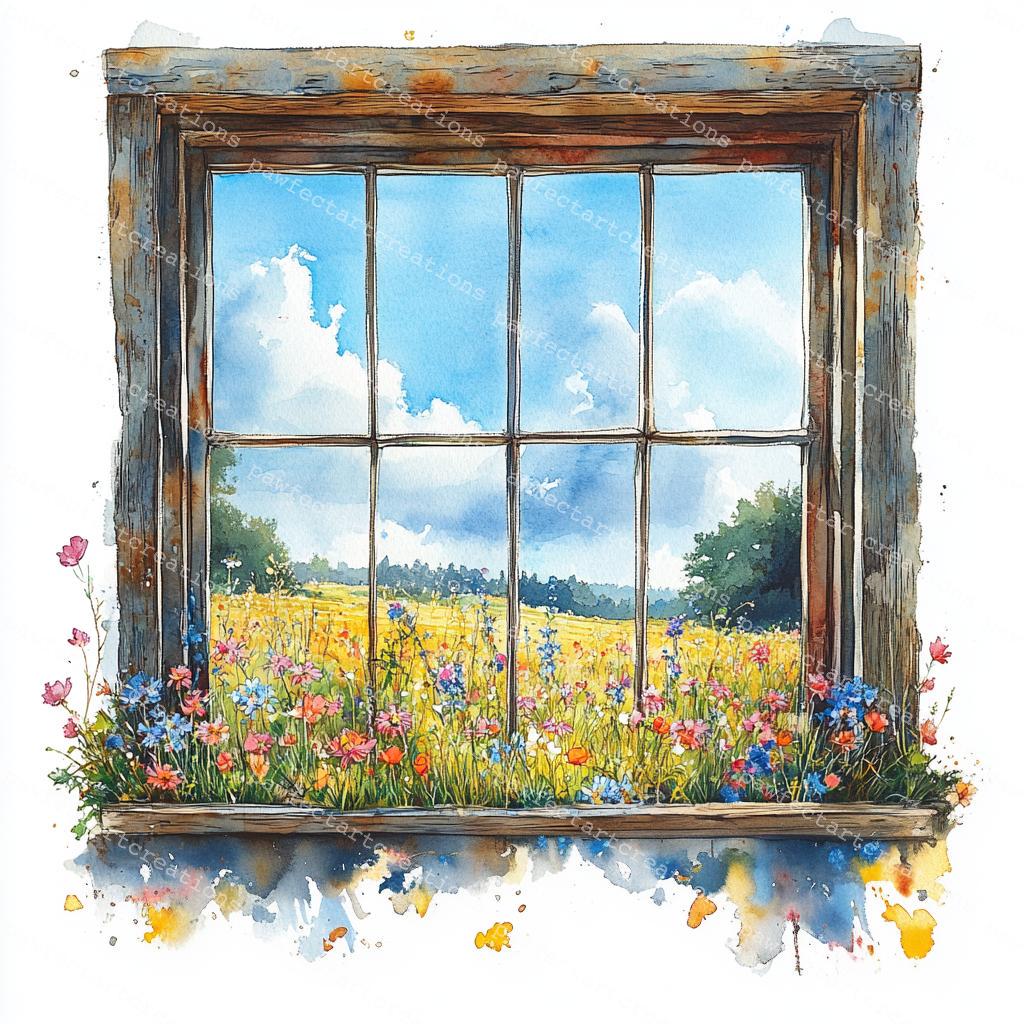 Flower Meadow View Through Window: Watercolor Art Print (digital ...