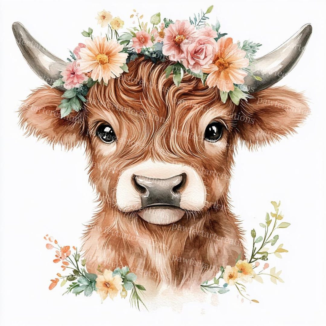 Baby Highland Cow Clipart: Watercolor Farm Animal Jpgs (digital ...