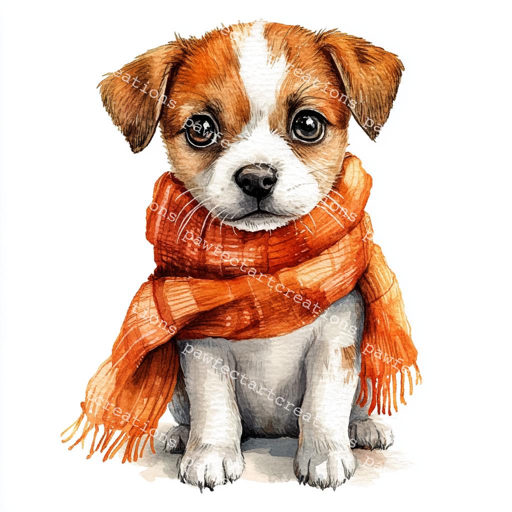 Winter Puppy Clipart: Watercolor Dog With Scarf (digital Download, Jpgs ...