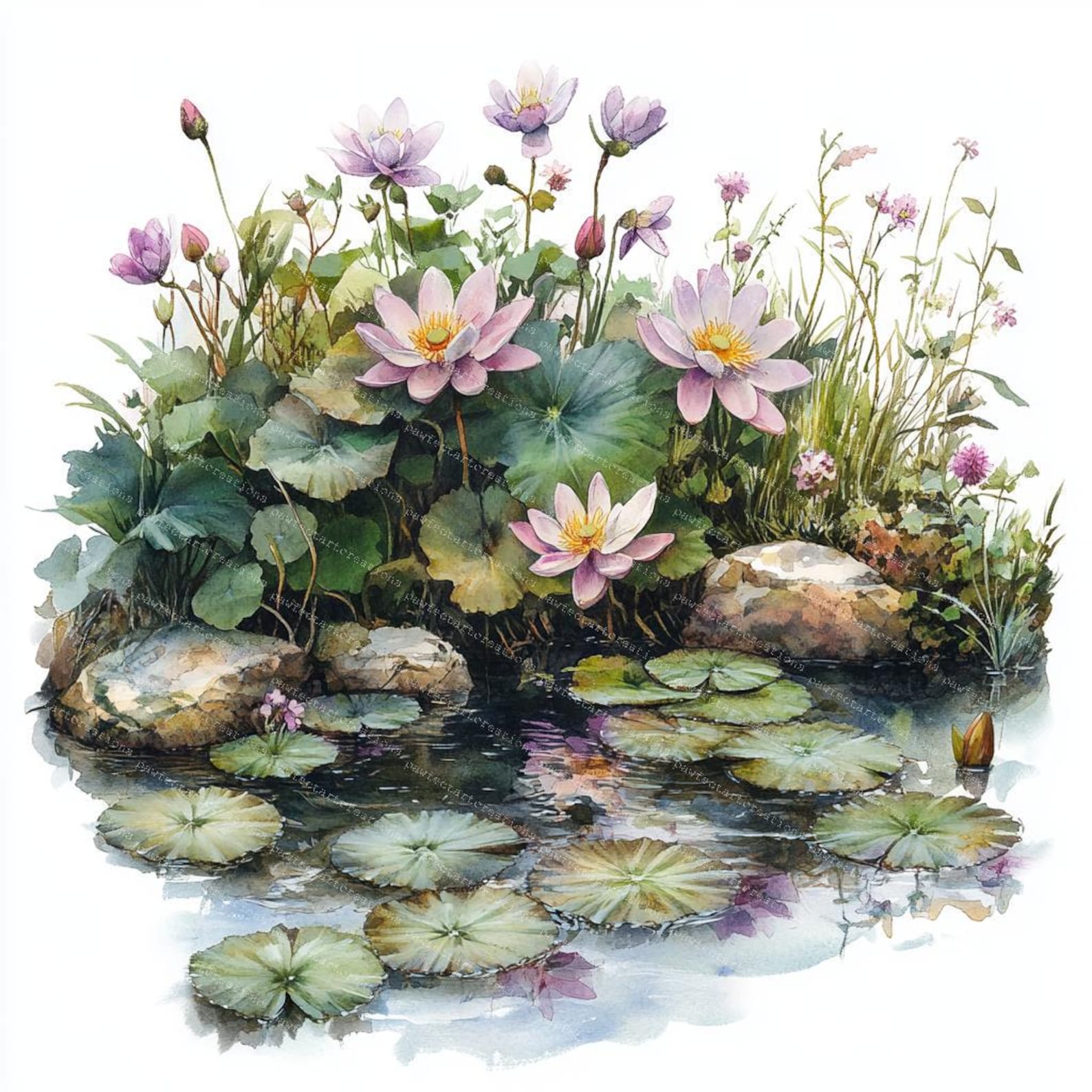 Floral Garden Pond Watercolor Clipart: High-resolution Jpgs (digital ...