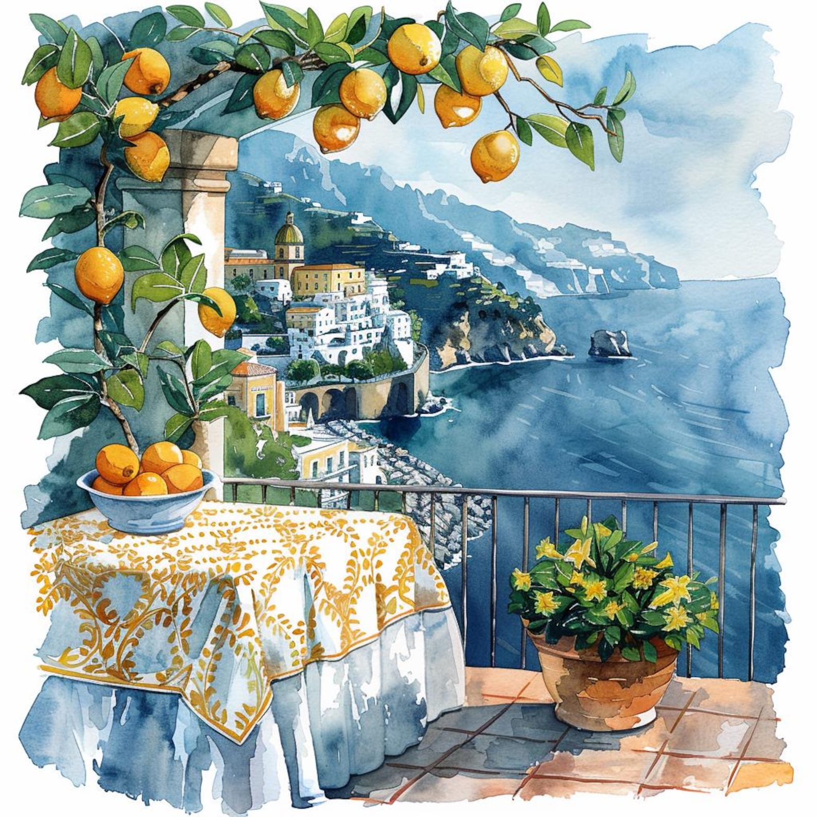 Amalfi Coast Clipart: Italian Coastal Watercolor Art (digital Download ...