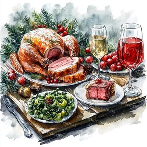 Christmas Dinner Clipart: Holiday Food Illustrations (JPG Digital ...