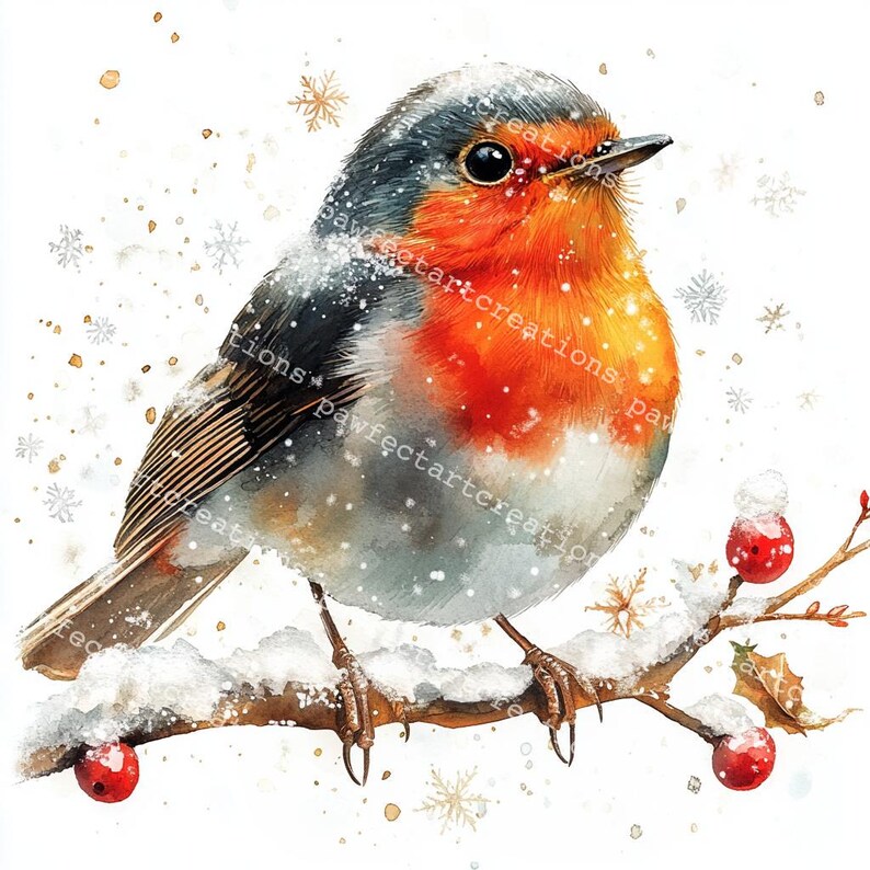 Christmas Robin Clipart: Watercolor Bird Jpgs for Cards (digital ...