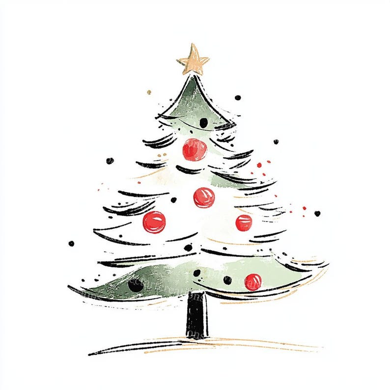 Christmas Tree Line Art Clipart: Watercolor Style (digital Download) - Etsy