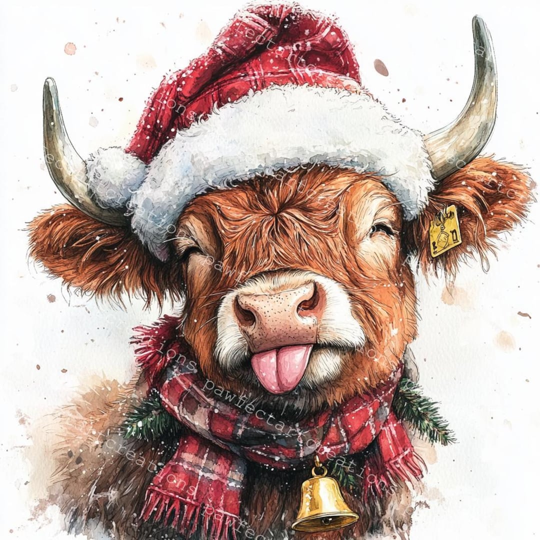 10 Christmas Highland Cow Clipart: Funny Watercolor Farm Animal ...