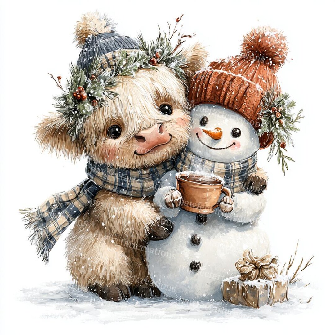 18 Cute Highland Cow With Snowman Clipart, Hot Cocoa Design, Cozy ...