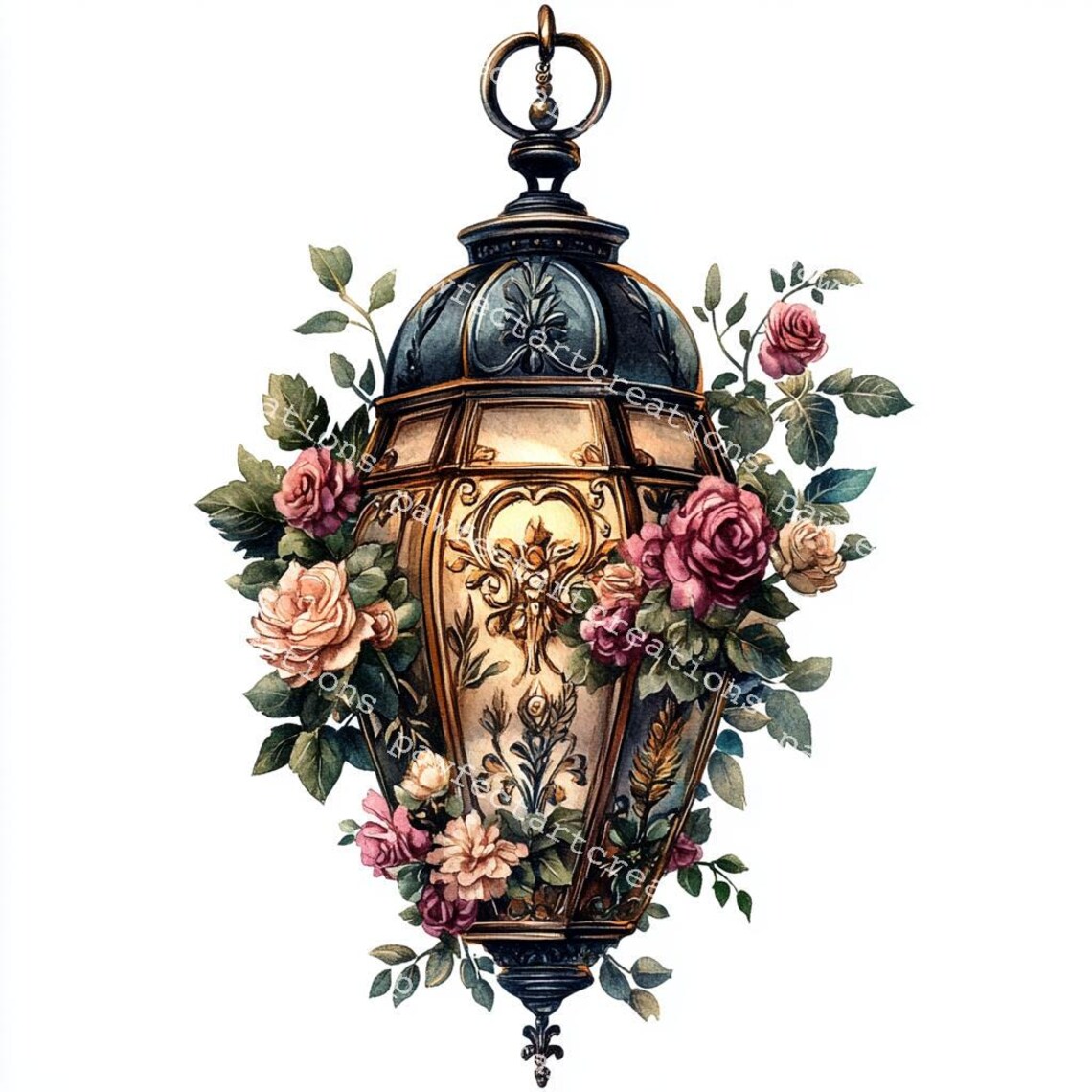15 Antique Cottagecore Lantern Clipart: Watercolor Floral Design ...