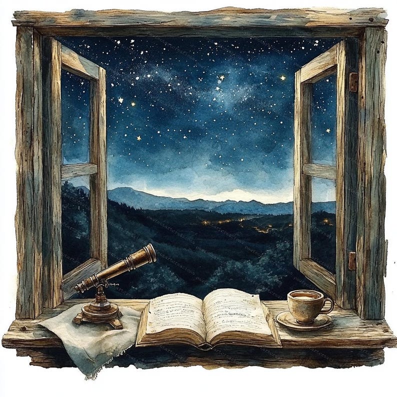 Moonlit Window Watercolor Clipart: Night Sky Landscape (digital ...