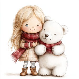 Girl and Polar Bear Clipart: Watercolor Style Jpgs (digital Download ...