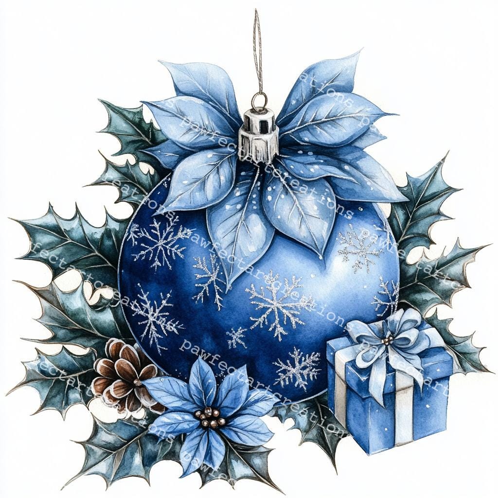 Blue Christmas Bauble Clipart: Watercolor Holiday Ornaments (digital ...