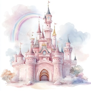 Rainbow Princess Castle Clipart: Watercolor Fairytale Jpgs (digital ...