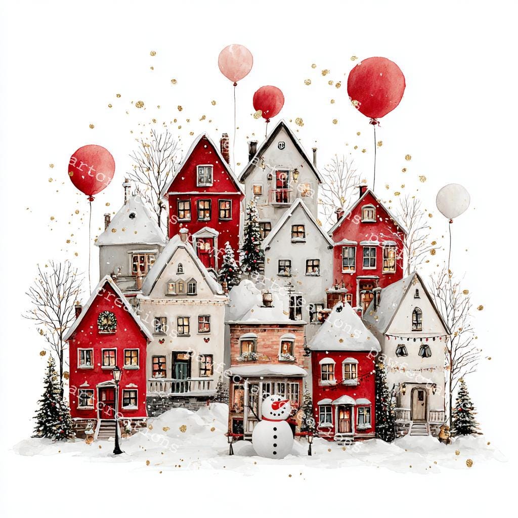 20 Christmas Village Clipart: Watercolor Winter City Scene (digital ...