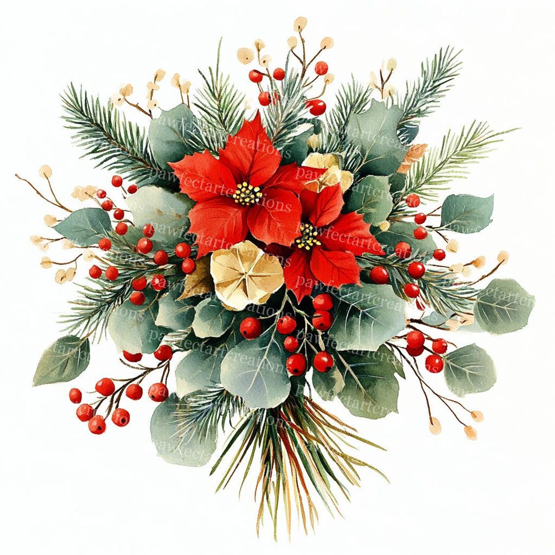 10 Christmas Leaves Bouquet Clipart Festive Flowers,christmas Card ...